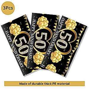 Eiurteao 3 Pack 50th Anniversary Tablecloth Decorations, Black Gold Happy 50th Wedding Anniversary Table Cover Party Supplies, Fifty Years Anniversary Plastic Disposable Rectangular Table Cloth Decor