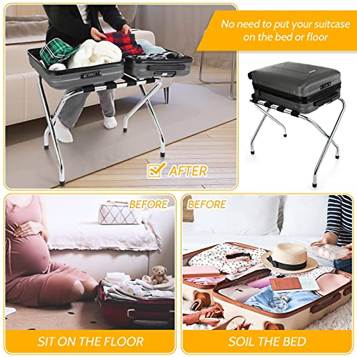 Therwen 8 Pieces Luggage Racks Bulk Folding Luggage Racks for Guest Room Metal Suitcase Stand with Straps Holds up to 110 lbs Silver Steel Luggage Holder for Hotel Bedroom, 25.2 x 16.5 x 20.1 Inch