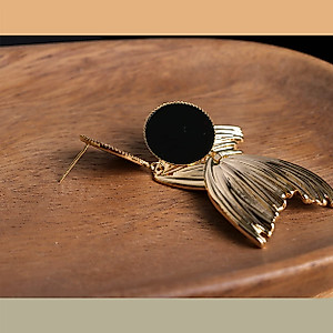 Sonateomber Gold Mermaid Fishtail Drop Dangle Statement Earrings For Women Big Black Dome Fish Tail Ginkgo Leaf Dangly Summer Ocean Beach Prom Jewelry Gift