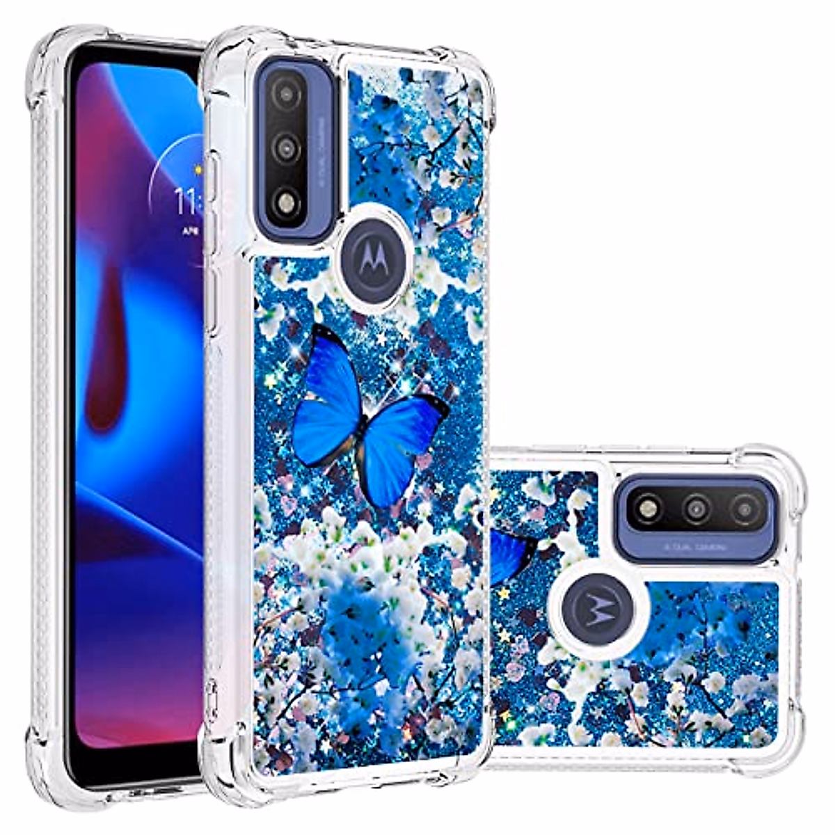 CAIYUNL for Moto G Pure Case with Glass Screen Protector,Moto G Power 2022 Case Glitter Bling Floating Liquid Cute Women Girls Soft TPU Phone Case Cover for Motorola G Pure/G Power 2022-Blue Butterfly