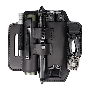 Topstache Multitool Sheath for Belt - EDC Belt Organizer - Leather Multitool Holster with Flashlight Holder, Elastic Band Pen Holder and Keychain Clip - Multitool Holder - Multitool Pouch, Black