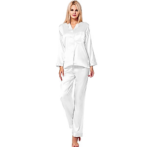 SWOMOG Long Sleeve Pajamas Set Silk Satin Sleepwear Button Down Pjs Loungewear with Pocket White Small