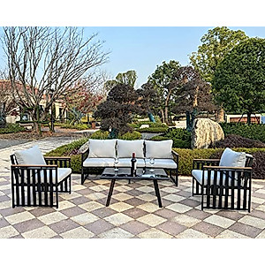 DECMICO Patio 5-Seat Sectional Sofa, Wide Outdoor U-Shaped Steel Frame Finished Rubber and Grey Cushions Sofa Furniture Set with Glass Coffee Tablefor Garden, Backyard, Balcony and Deck…