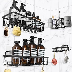 Rivisotamy 4 Pack Shower Organizer Caddy Sets with 22 Hooks, Bathroom Organizers and Storage Essentials, Shower Shelves with Dish Soap Holder & Toothbrush Holders, Rustproof Stainless, Black…