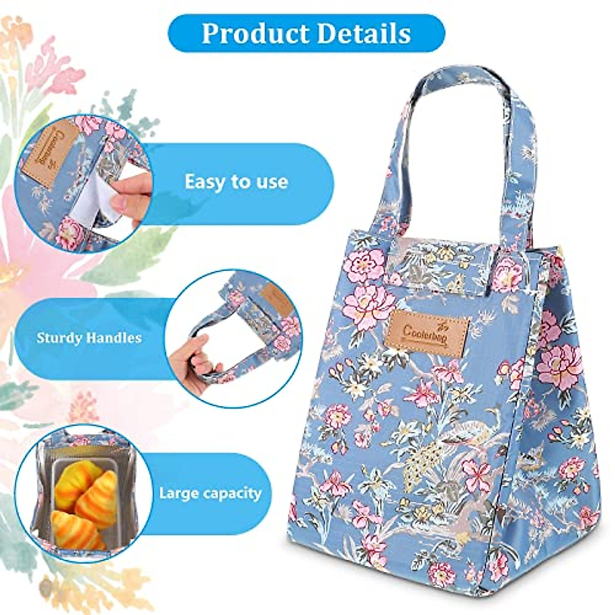 Insulated Lunch Bag Insulated Retro Lunch Box Freezable Leakproof Mini Lunch Bag Reusable Tote Bag Insulated Cooler Lunch Bag for Women Men Kid Travel Office Work School Beach (Chic Flower Style)