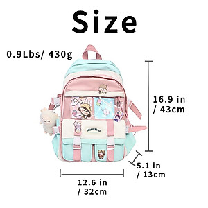 Kawaii Aesthetic Back to School Backpack with Lovely Pins and Accessories for Girls and Boys in 5 Colors (Blue)