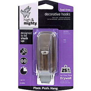 HIGH & MIGHTY 515804 Decorative Metal Hook, Easy Tool-Free Dry Wall Installation, Scalloped, Holds up to 25lb, Satin Nickel