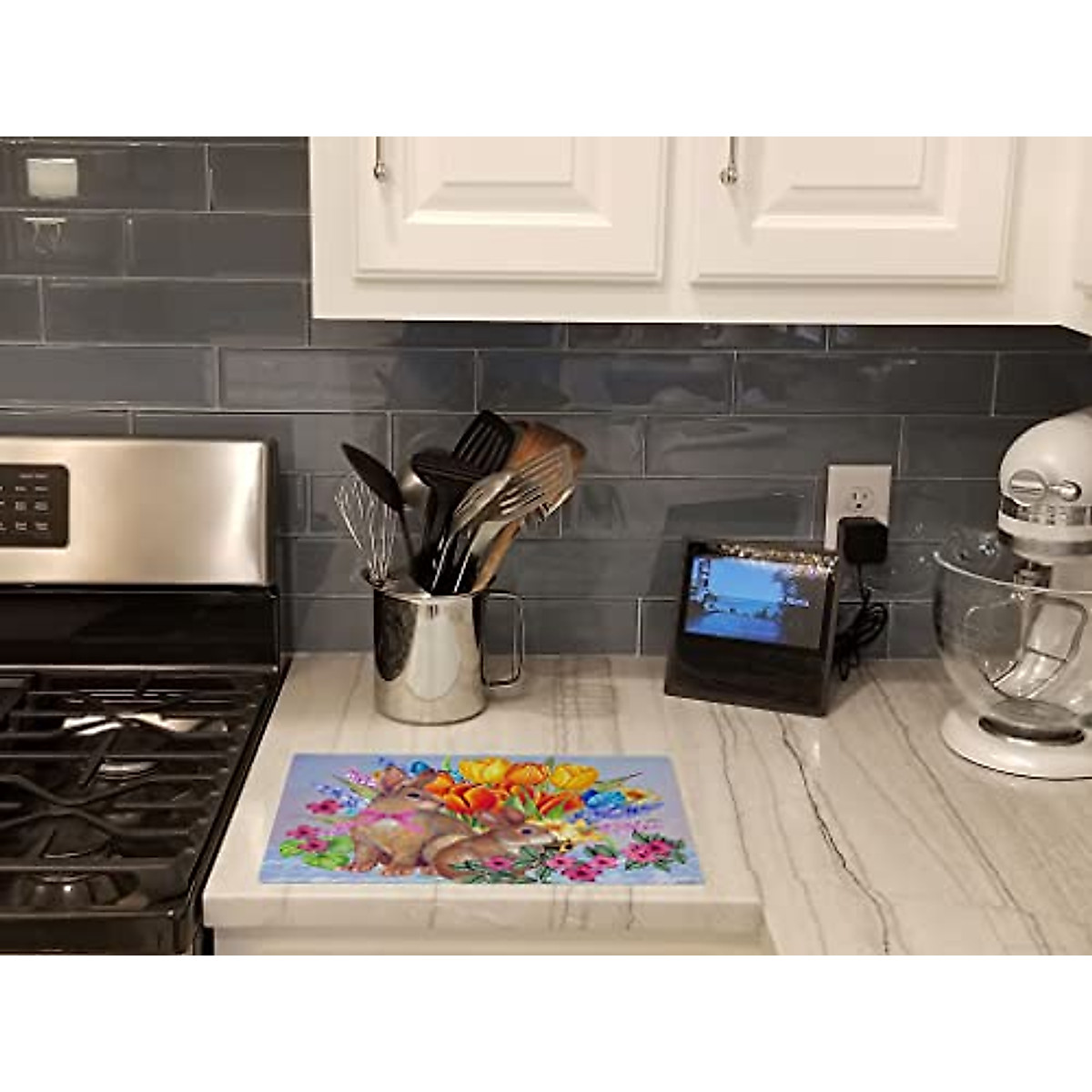 Caroline's Treasures PJC1067LCB New Beginnings II Easter Rabbit Glass Cutting Board Large Decorative Tempered Glass Kitchen Cutting and Serving Board Large Size Chopping Board