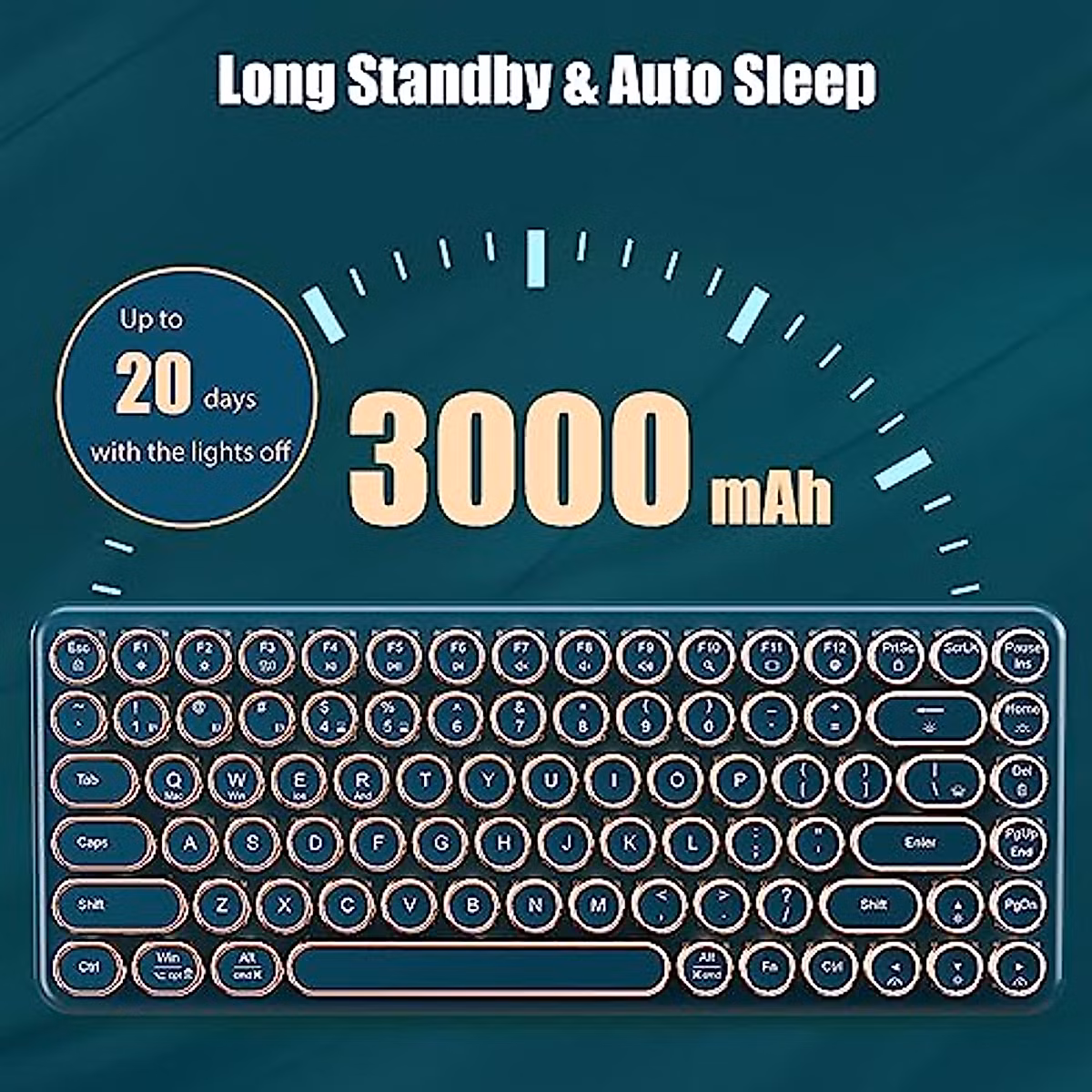 TISHLED Typewriter Keyboard Wireless 2.4GHz/Bluetooth/USB-C Wired Mechanical Gaming Keyboard with Gold LED Backlit 84-Key NKRO Hot Swappable Green Switches Retro Round Keycaps for Multi-Device