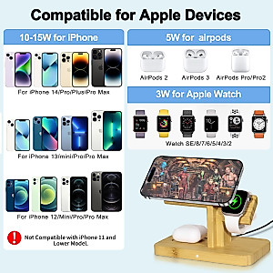 Wireless Charging Station for Apple, 20W Fast 3 in 1 Wireless Charger Stand, Bamboo Charging Station for iPhone 15/14/13/12 Pro/Max/Plus, for Apple Watch 8/7/6/SE/5/4/3/2, for Airpods 3/2/Pro
