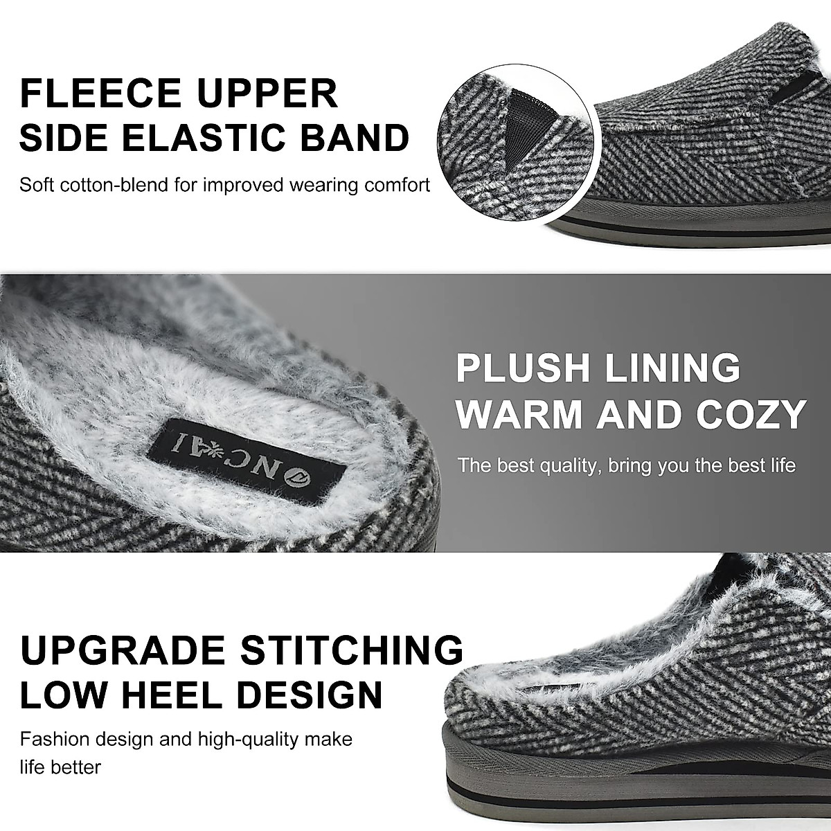 ONCAI Slipper for Men with Arch Support,Cotton-Blend Memory Foam House Slippers for Men Warm Strips Fluff Plush Wool-like Clogs with Rubber Sole Grey Size 10