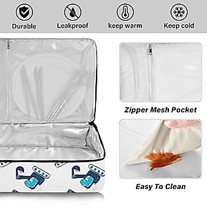 White Blue Trucks Insulated Casserole Carrier for Hot or Cold Food Carrier Container Insulated Cooler Bag Thermal Food Warmer Delivery Bag for Parties Buffet Fits 11"x15" Baking Dish