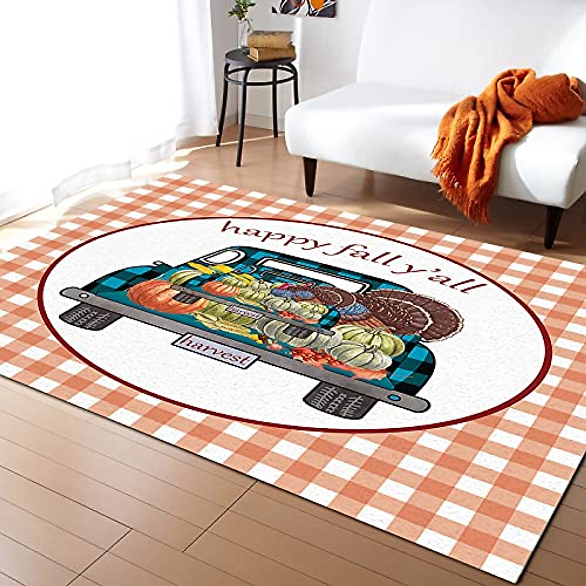 Indoor Area Rugs Thanksgiving Turkey Autumn Pumpkin Truck Non-Slip Floor Mats Orange Grid Rectangular Carpet Soft Washable Rugs for Living Room/Bedroom/Hallway Home Decor - 4x6 Feet