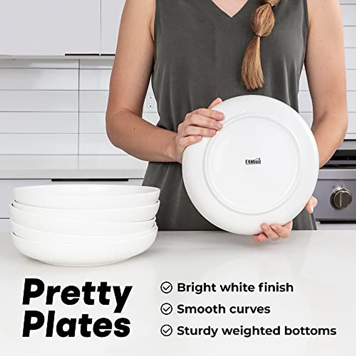 FAMHH 42 Oz Porcelain Large Pasta Bowl Set – Wide & Shallow for Salad Bowls, Soup Bowls, Pasta Bowls – 9.5x1.75 In. Ceramic Bowls Dish Set of 6 – Dishwasher & Microwave Safe Dinnerware Sets