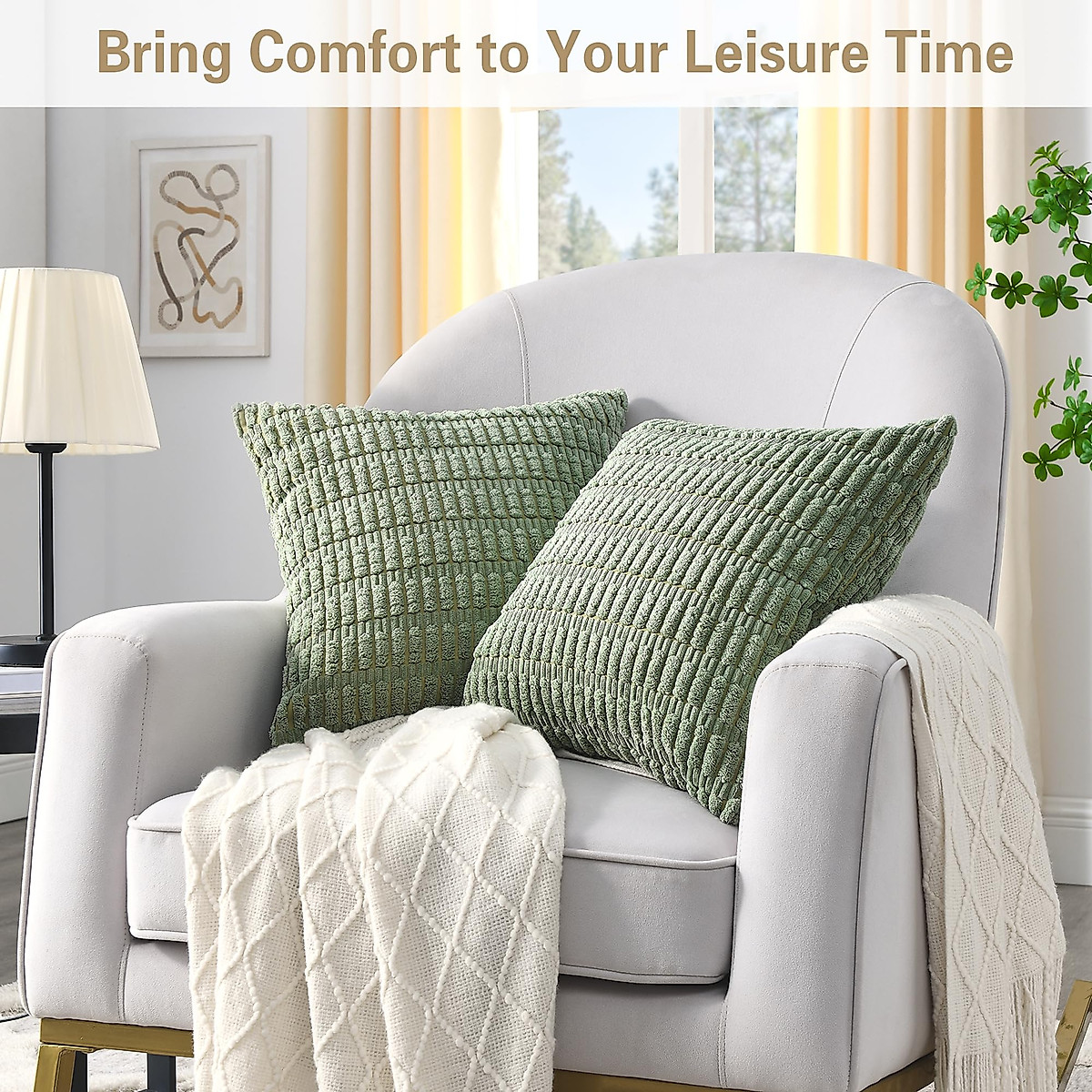 Volcanics Pack of 2 Sage Green Decorative Throw Pillow Covers 18x18 Inch, Soft Corduroy Striped Square Cushion Cases, Modern Farmhouse Boho Home Decor for Spring Couch Bed Sofa Living Room