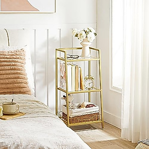 HOOBRO Gold Bookshelf, 3-Tier Tempered Glass Bookcase, Bathroom Storage Stand, Record Storage Rack with Side Guards, Strong and Durable, for Bathroom, Bedroom, Living Room Modern Style, Gold GD77CJ01