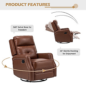 HULALA HOME Genuine Leather Swivel Rocker Recliner with Adjustable Backrest & Footrest, Manual Glider Reclining Chair for Living Room Bedroom, Home Theater Sofa Chair with 360° Swivel Base, Brown