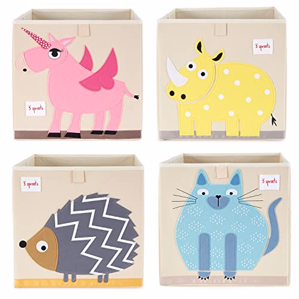 3 Sprouts Large 13 Inch Square Children's Foldable Fabric Storage Cube Organizer Box Toy Bin, Blue Cat, Pet Hedgehog, Pink Unicorn, and Yellow Rhino