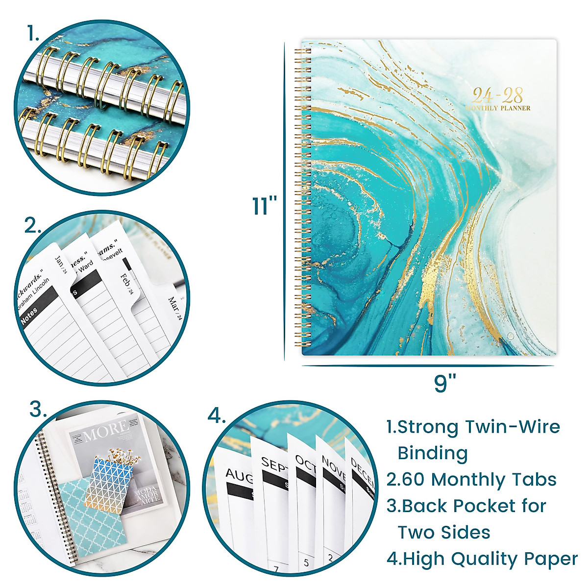 2024-2028 Monthly Planner - 4 Year Monthly Planner, Jul 2024 - Jun 2028, 48 Monthly Planner/Calendar, 9" x 11", Monthly Calendar 2024-2028, Monthly Tabs, Double-Side Pocket, Holidays