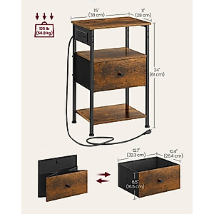 VASAGLE Nightstand with Charging Station, Night Stand, Side Table with 1 Drawer and 2 Open Shelves, Fabric Drawers with MDF Front, End Table, Rustic Brown and Classic Black ULGS026K01
