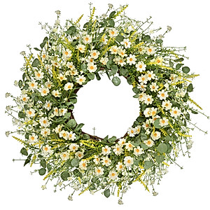 LSKYTOP 24 Inches Artificial Daisy Flower Wreath with Eucalyptus Leave Silk Flower White Berries Spring Summer Wreath for Front Door Wall Decor