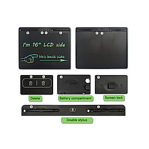 Large LCD Writing Board 16 Inches with 2 Delete Keys and Split Screen for Local Erasing, Electronic Drawing and Doodle Tablet for Adult and Kid with 2 Pens, Nice Holiday or Birthday Present (Black)