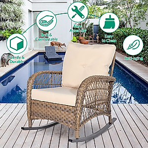 VIVIJASON Outdoor Wicker Rocking Chair, Patio Rattan Rocker Chair with Cushions & Steel Frame, All-Weather Rocking Lawn Wicker Furniture for Garden Backyard Porch (Beige)