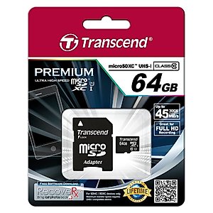Transcend 64GB MicroSDXC Class10 UHS-1 Memory Card with Adapter 90 MB/s (TS64GUSDU1)