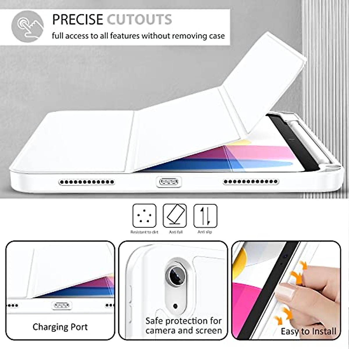 Gahwa iPad 10th Generation Case 10.9 Inch 2022, Slim Tri-fold Stand Soft TPU Back with Pencil Holder for iPad 10 Case - Support Touch ID, Auto Sleep/Wake(White)