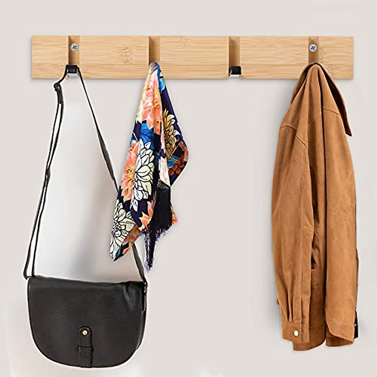 KYSMOTIC Coat Rack Wall Mounted, Modern Coat Hooks Wall Mounted with Folding Hooks, Space-Saving Coat Hanger for Coats, Purses, Key – Wooden 4 Hooks