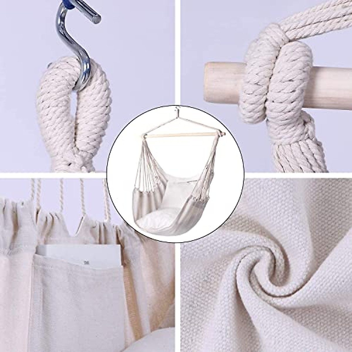 Hammock Hanging Swinging Chair, Hanging Chair for Bedroom - Max 265 Lbs - Balcony with Thick Cushion Beige - Steel Spreader Bar with Anti-Slip Rings - for Any Indoor or Outdoor Spaces (Beige)