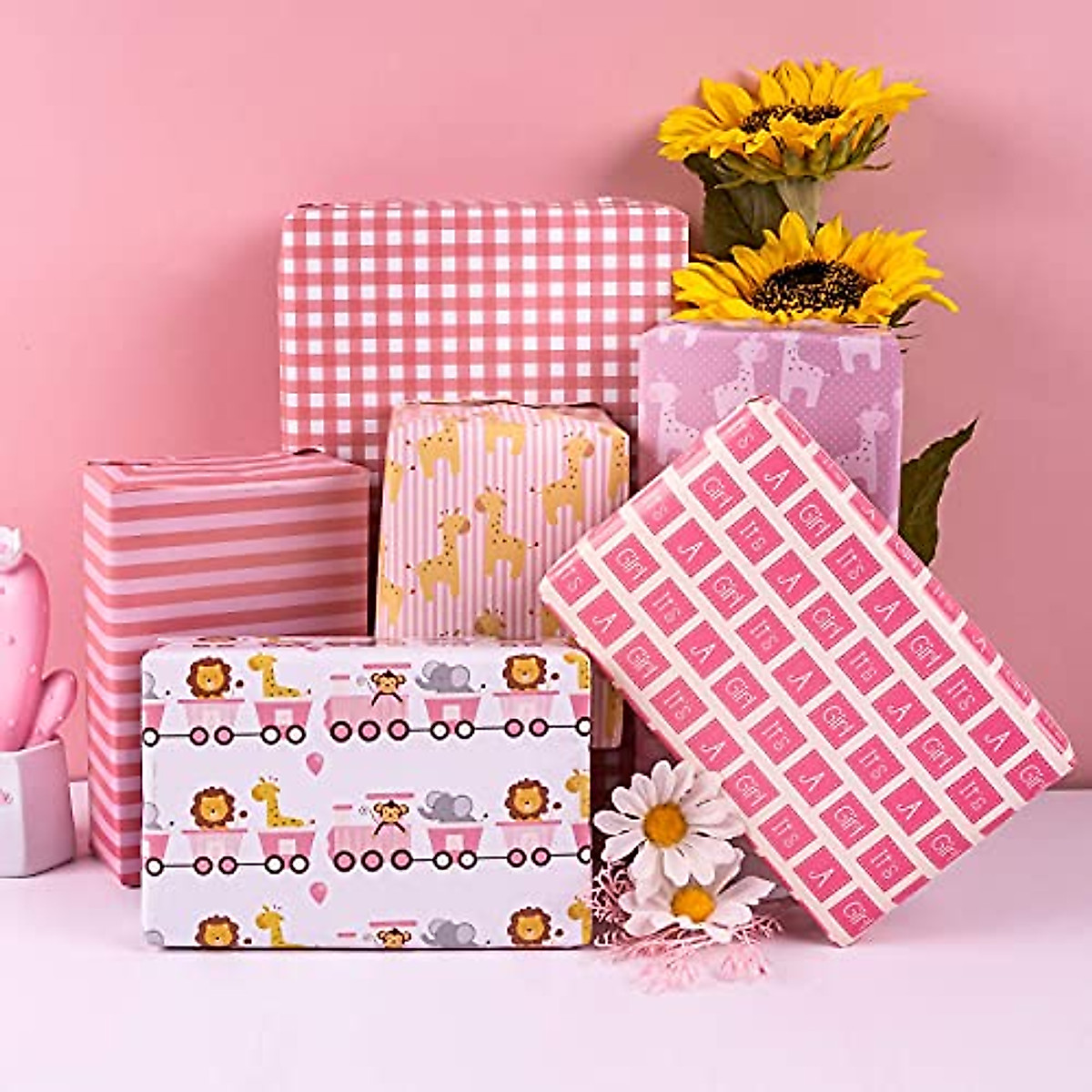 MAYPLUSS Wrapping Paper Large Sheet - Folded Flat - 6 Different Baby Girl Design (45.2 sq.ft.ttl) - 27.5 inch X 39.4 inch Per Sheet