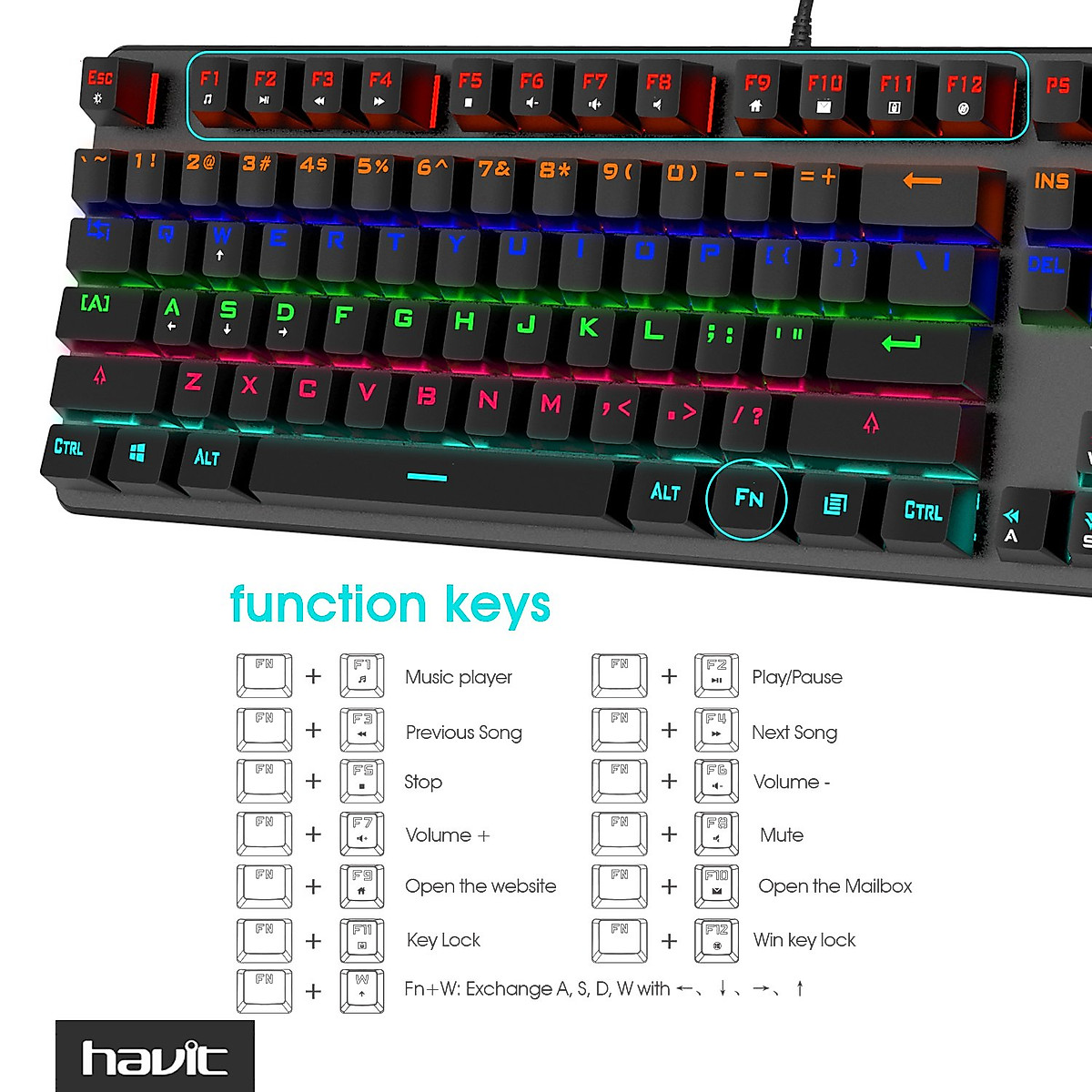 HAVIT LED Backlit Wired Mechanical Gaming Keyboard with Blue Switches,Black
