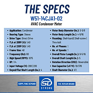 Supplying Demand W51-14CJA1-02 HVAC Condenser Motor 1/4 HP 1 Phase 1 Speed 208/230V 1075 RPM Must Match Specs of Current Motor to Function Correctly