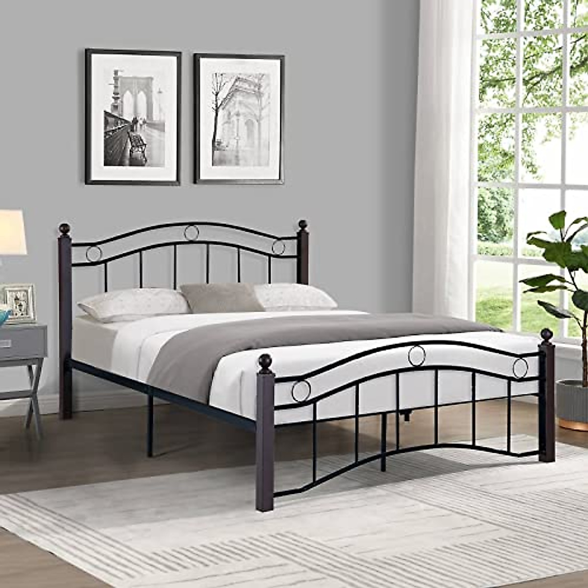 Epinki Full Size Metal Bed Frame with Headboard and Footboard, Black, No Box Spring Needed, Easy Assembly