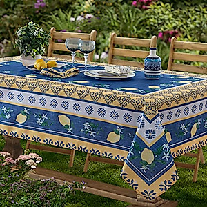 Home Bargains Plus Provence Blue Lemon Mediterranean Garden Country French Fabric Tablecloth, Indoor Outdoor, Stain and Water Resistant, Wrinkle Free Tablecloth, 60” x 144” Oblong/Rectangle