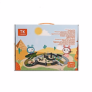 TUMAMA Dinosaur Toys Race Track, 281 Pcs Dinosaur Train Set for Kids 3-5 5-7, Flexible Train Tracks with 4 Dinosaurs Figures, 2 Electric Race Cars with Light, Create A Dinosaur Road Race for Toddlers