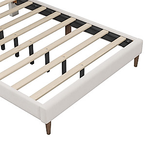 JIBELL Linen Upholstered Platform Bed Frame with Vertical Channel Tufted Headboard, No Box Spring Needed, with Slat Support and Wood Legs, Easy Assembly. (Cream,Queen)