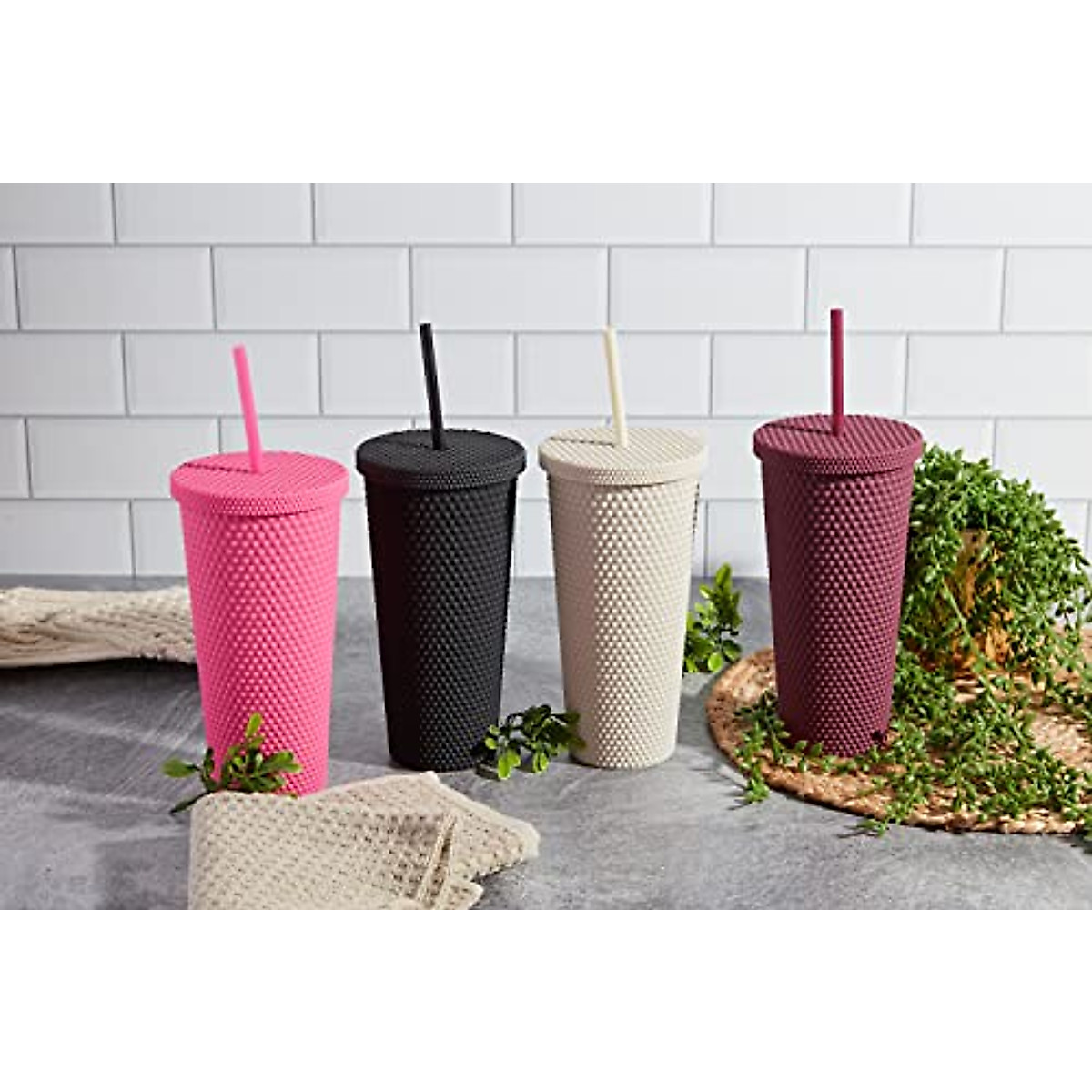 Matte Studded Tumbler with Lid & Straw, Reusable BPA Free Plastic Water Bottle, Travel Friendly Water/Iced Coffee/Cold Brew/Smoothie Textured Cold Cup, 24oz (Forest Green)