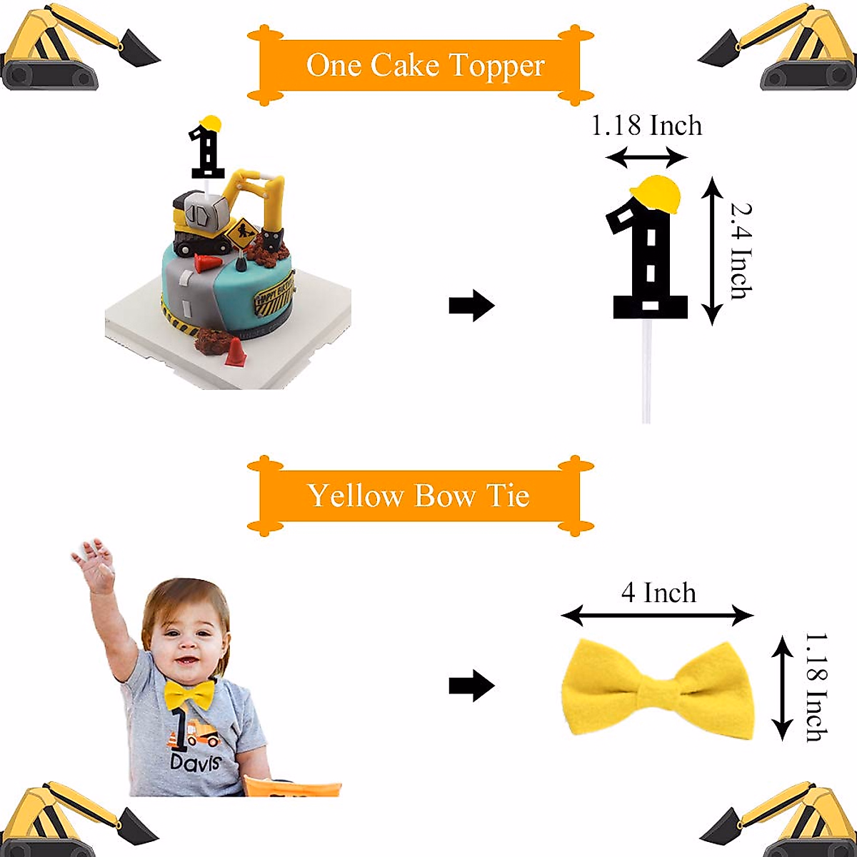 PRATYUS Construction Birthday Party Supplies for Kids, Construction Party Decorations with Banner, Highchair Banner, Yellow Bow Tie Crown Kit, Cake Topper for Boys Girls Bday Party Event Favors