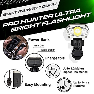 Rambo Bikes Pro Hunter Ultra Bright Flashlight - 1100 Lumens White and Green LED Light - USB Rechargeable LED Headlight, Powerbank, IPX-6 Waterproof Bicycle Light - 3 Light Modes, Impact Resistant