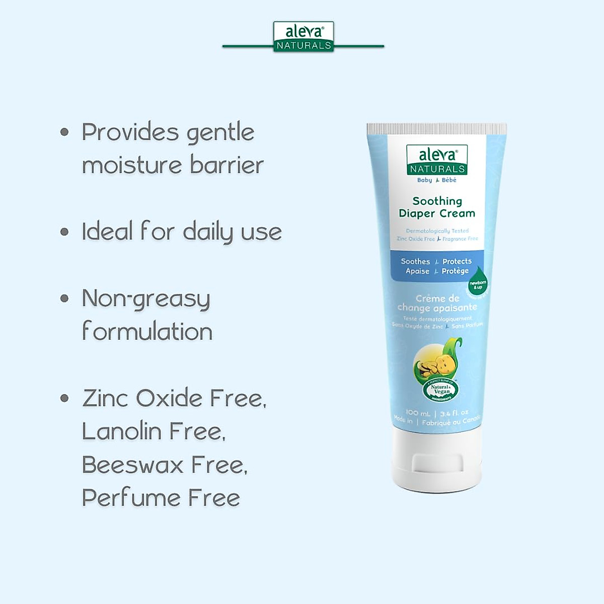 Aleva Naturals Soothing Baby Diaper Cream for Newborn and Toddlers, Fragrance Free, Organic Shea Butter, Aloe Vera, Calendula Extracts and Sensitive Skin Friendly, Clear, 3.4 Fl Oz