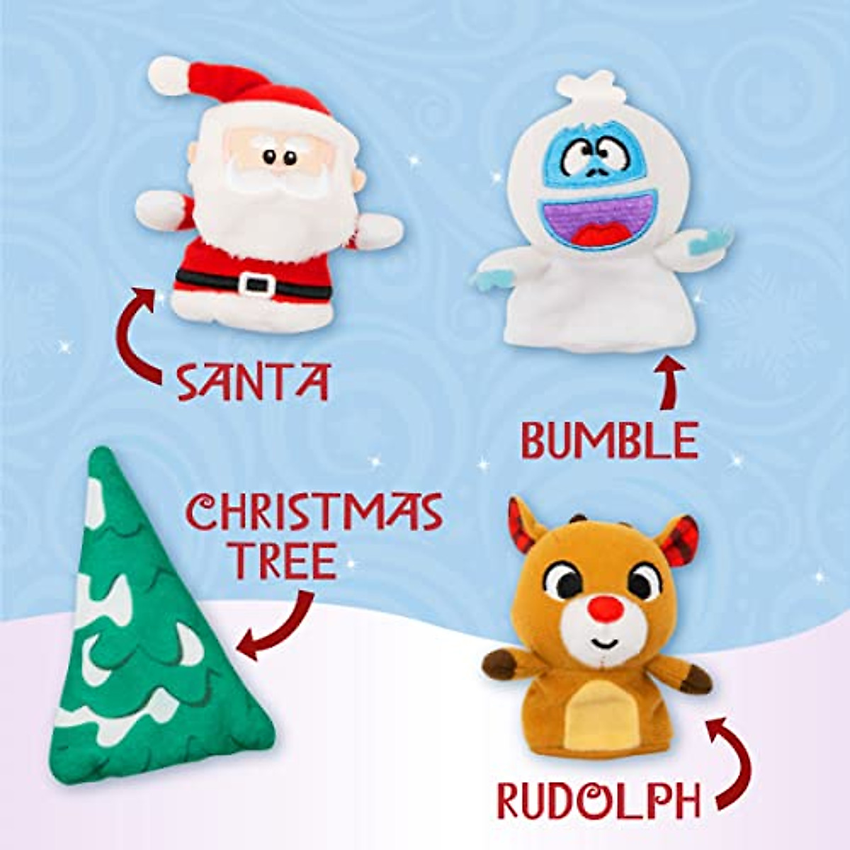 KIDS PREFERRED Christmas Rudolph The Red-Nosed Reindeer Finger Puppet Playset with Sleigh, 5 Pieces, Christmas Stuffed Animal Plush Toys, Finger Hands Party Toys (23133)