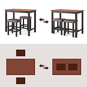 COSTWAY 3 Pieces Dining Table and Chair Set, Counter Height Wood Breakfast Table Set with 2 Upholstered Stools, Industrial Wood Kitchen Table Set for Bar Bistro,Living Room, Restaurant