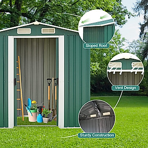 Steel Garden Storage Shed 6' x 4' - Utility Tool House with Vents Garden Storage House Metal Shed for Patio (Green)