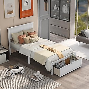 Twin Size Country Wooden Platform Bed Frames with Large Storage Drawers/Headboard, Modern Simple Platform Bed with Solid Wood Slat for Bedroom Small Living Space Boys Girls, Under Bed Storage, White