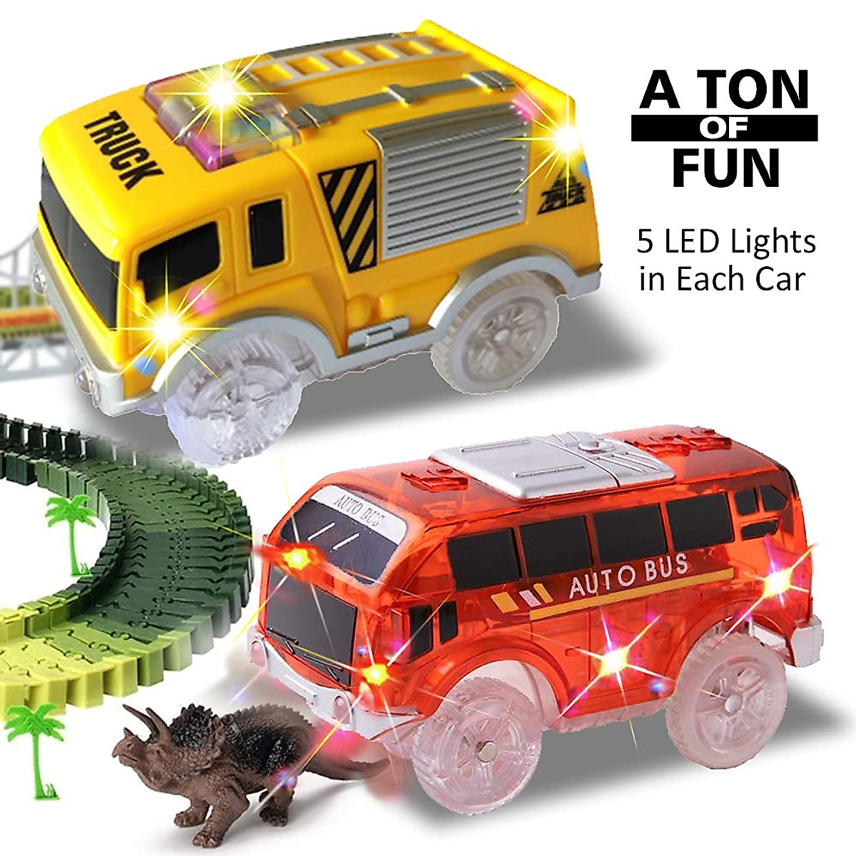 TornadoZ Tracks Cars Replacement Only with 5 LED Flashing Lights Up car, Compatible with Most Tracks, Glow in The Dark, Racing Car Track Accessories, Gift, Kid Boy Girl (4 Pack)