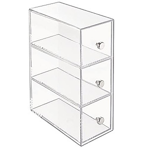 mDesign Plastic Kitchen Pantry Stackable Storage Organizer Container Station with 3 Drawers for Cabinet, Countertop, Holds Coffee, Tea, Sugar Packets, Creamers - Lumiere Collection - 4 Pack - Clear