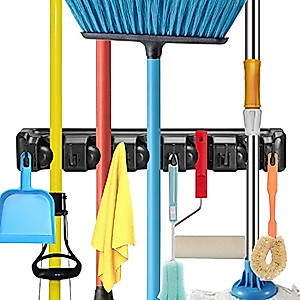 Champs Broom Holder Wall Mount, Mop and Broom Holder Broom Organizer Hanger Storage Rack Wall Holder with 5 Slots and 6 Hooks for Garden Kitchen Garage Laundry Tools [Black]