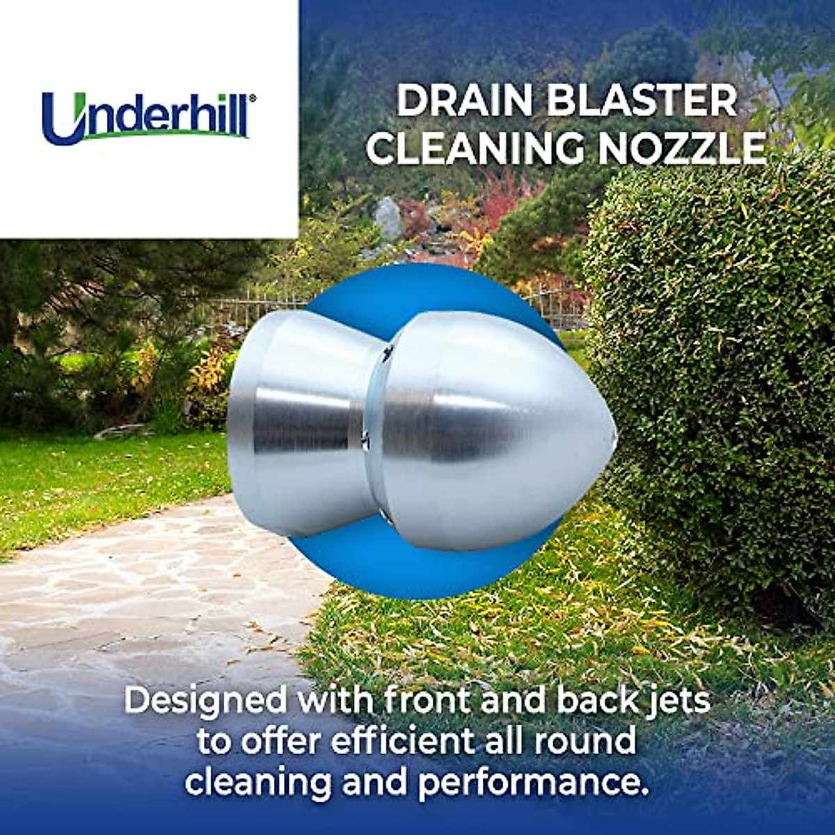 Underhill Drain Blaster Hose Cleaner Nozzle, Sewer Jetter, Washer, High Pressure Hose Attachment Tip, 70 PSI, 3/4-Inch Female Hose Thread Inlet, DN-75